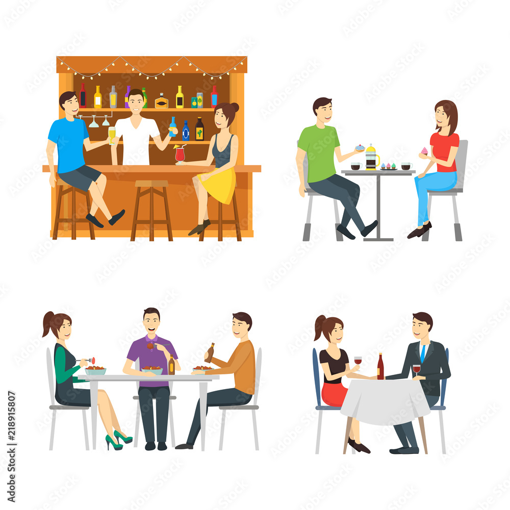 Cartoon Characters People in Restaurant Set. Vector Stock Vector ...