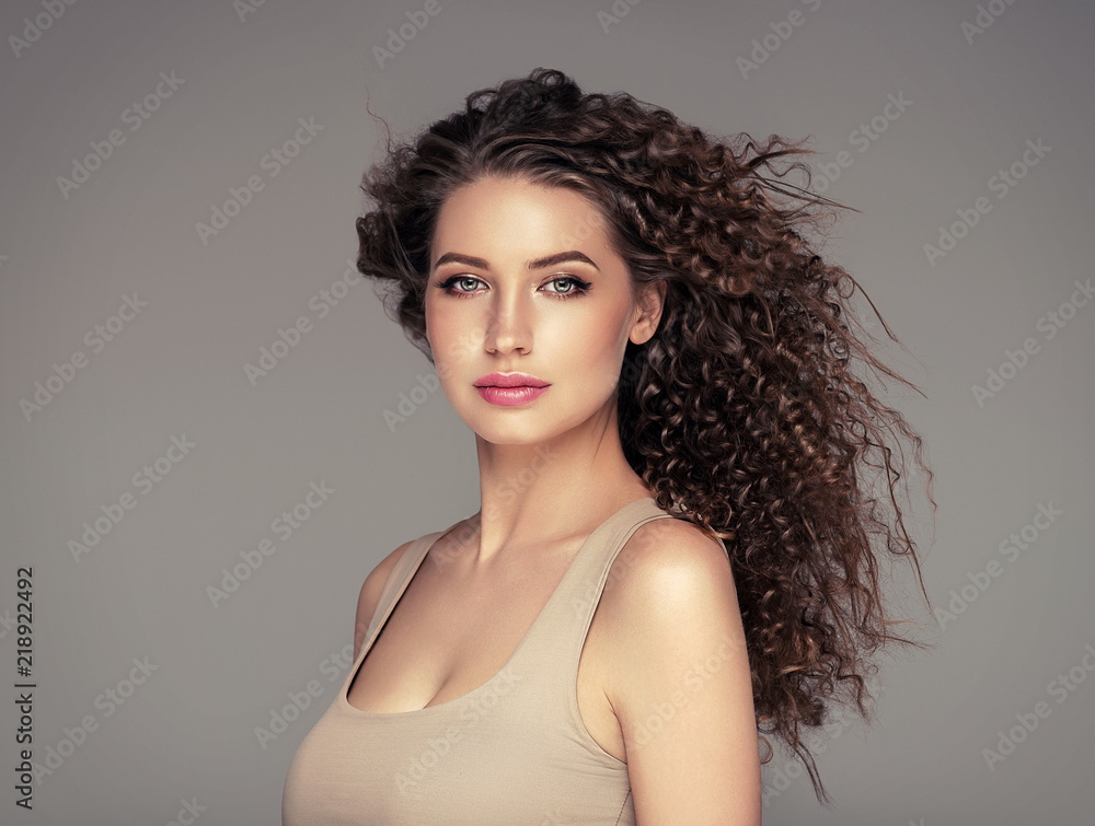 Beautiful hair long curly hairstyle woman with beauty makeup female ...