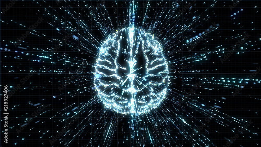 Digital brain in top view with streaming data particles exploding ...