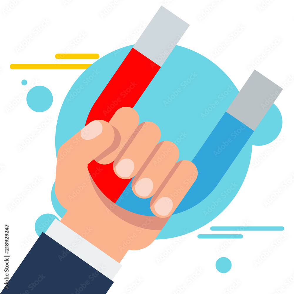 Hand of a businessman with a magnet. Attraction and retention of ...