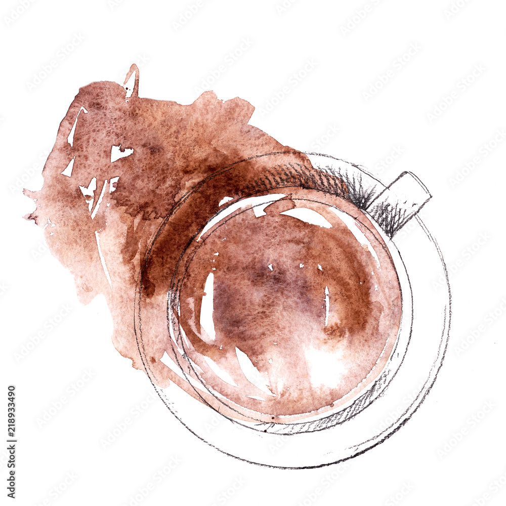 Hand drawn cup of coffee, top view. Pencil sketch with watercolor stain ...