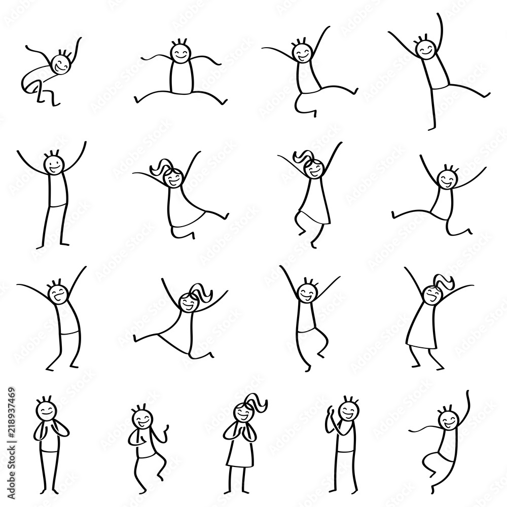 Poster Strichmännchen Set, glückliche Stichfiguren springen herum und ...