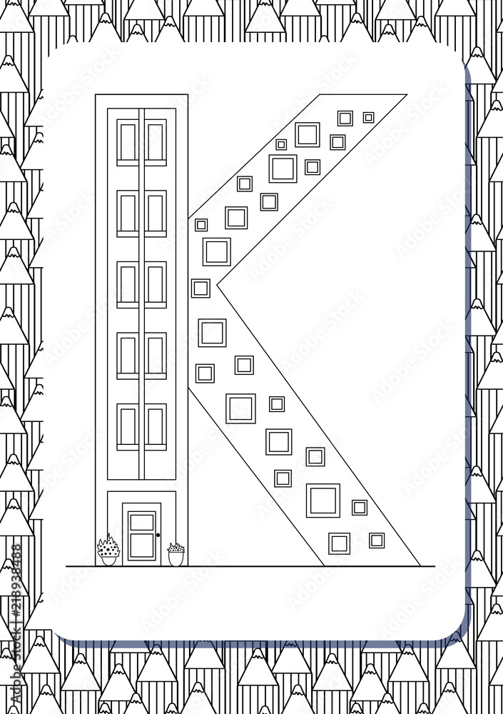 Cartoon letter K drawn in the shape of house. Vertical page for ...