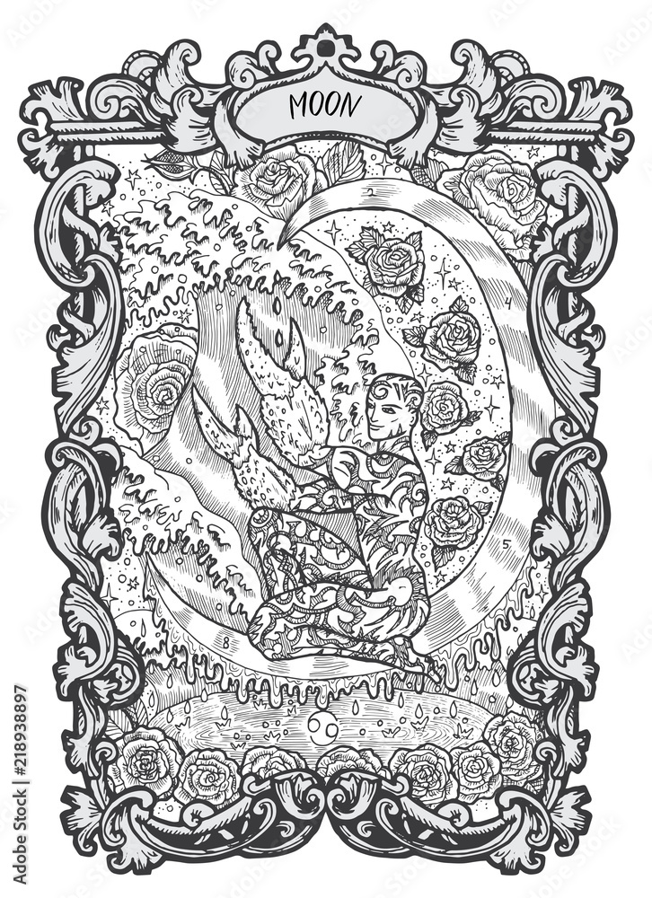 Moon. Major Arcana tarot card. The Magic Gate deck. Fantasy engraved ...