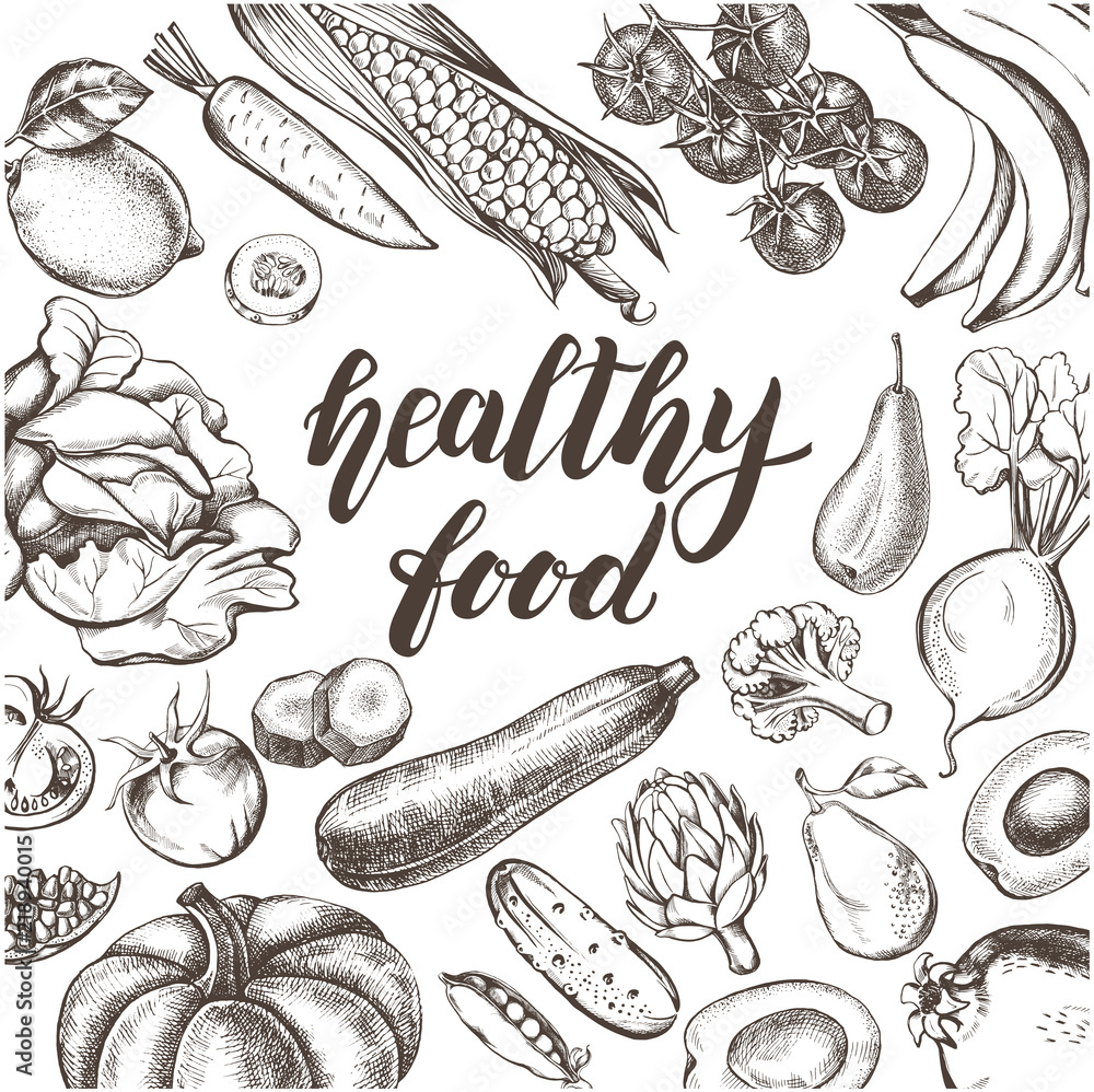 Background with Ink hand drawn various vegetables and fruits. Healthy ...