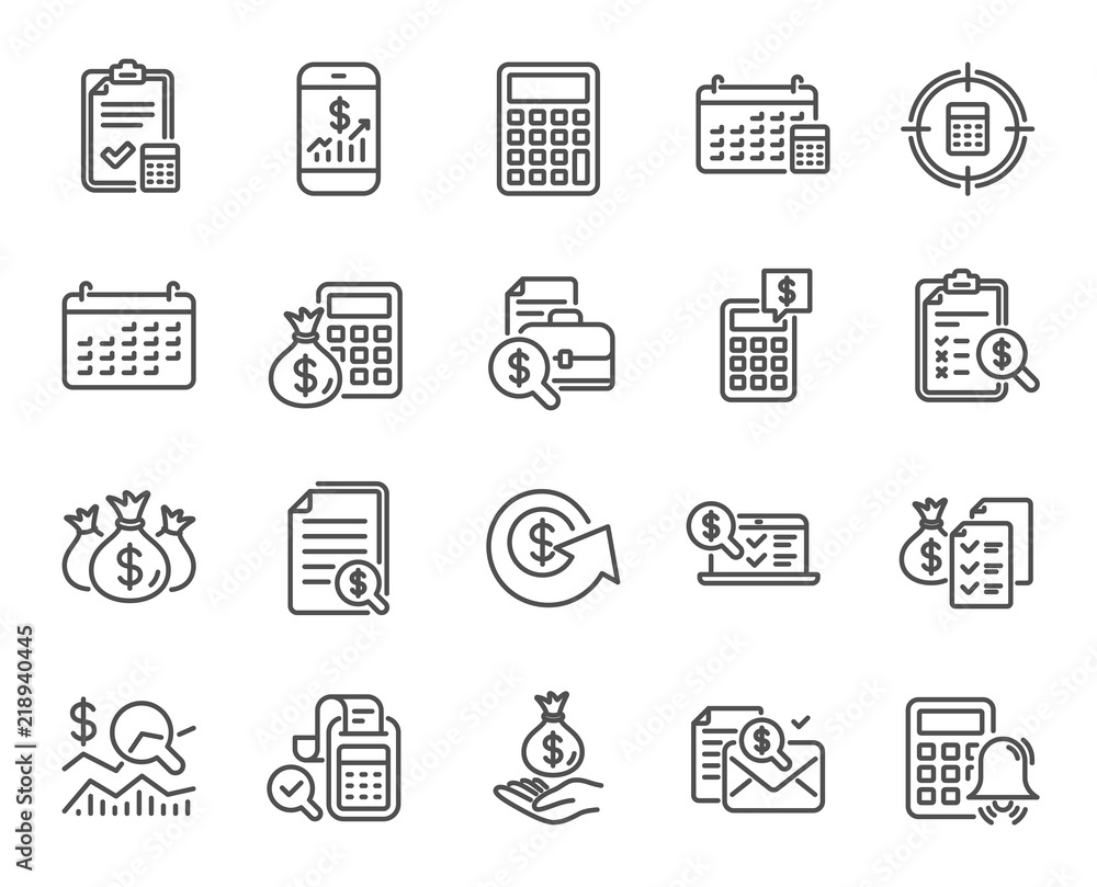 Accounting line icons. Set of Calculation, Check investment and Report ...