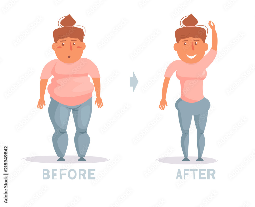 Weight loss. Before and after. Obesity Vector. Cartoon. Isolated art ...