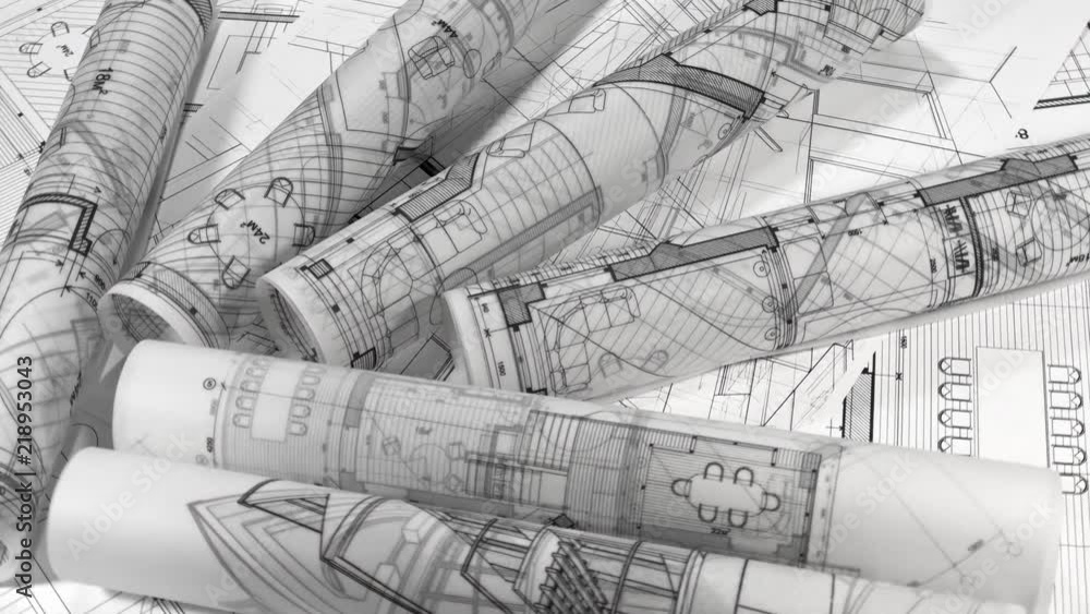 Blueprints - rolls of architectural drawings smoothly rotate on the ...