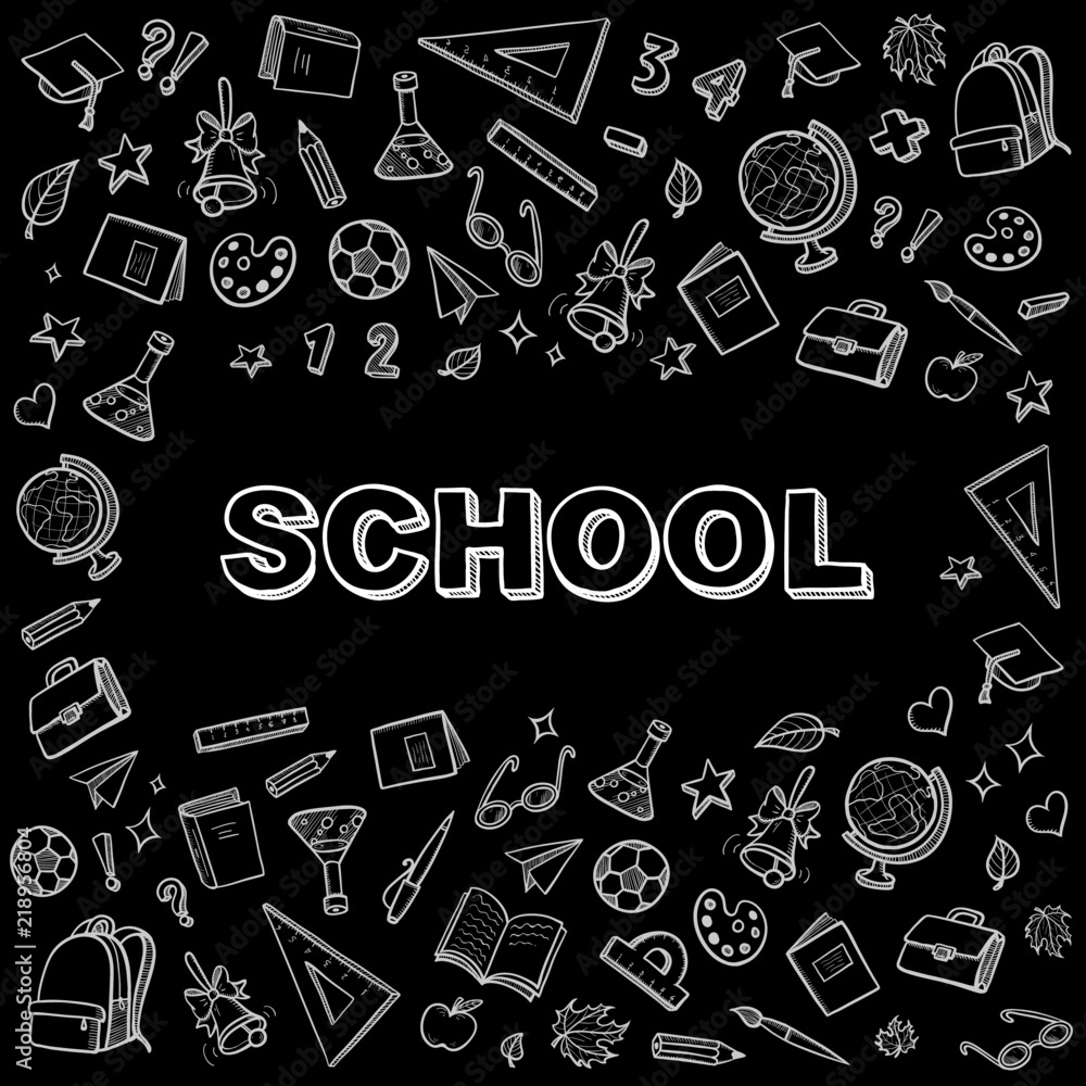 black and white school vector school banner with hand drawing icons ...