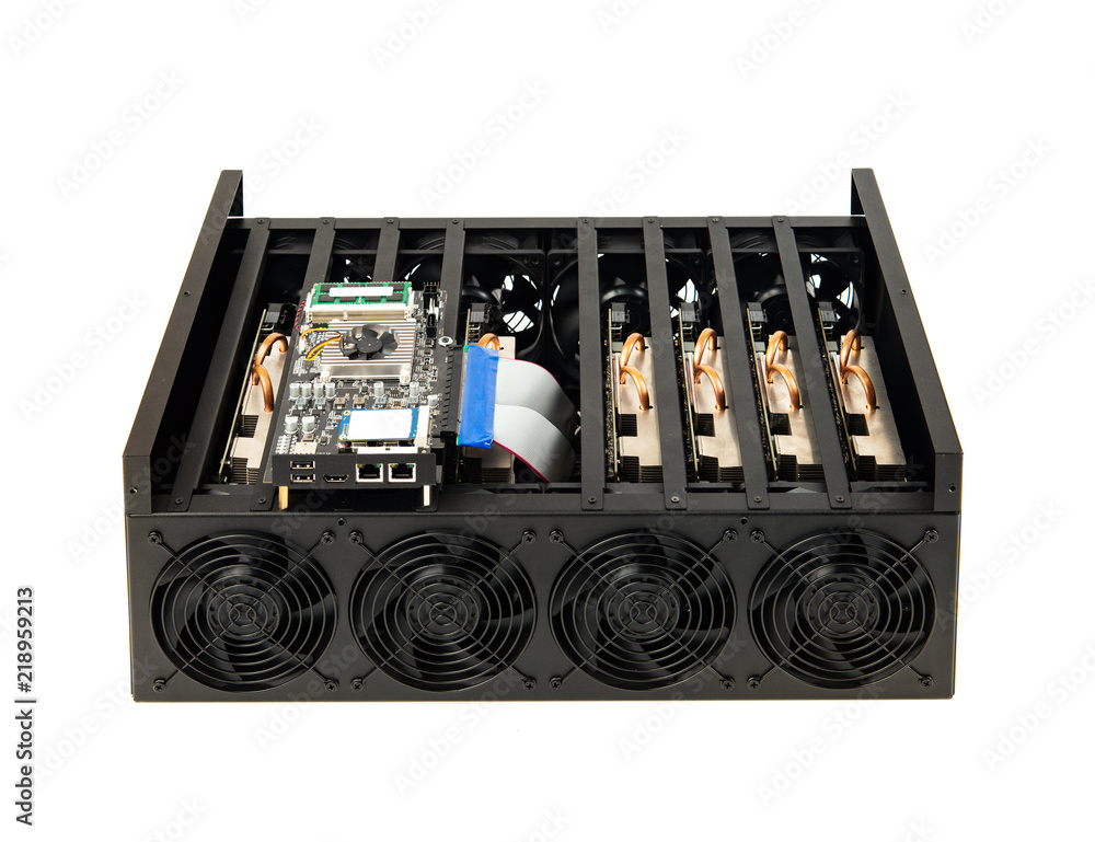 Farm for mining cryptocurrency, Motherboard with processor and graphic ...
