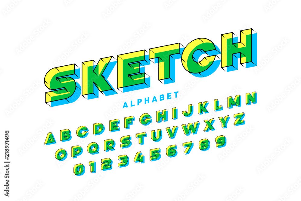 3d style sketchy font, alphabet letters and numbers Stock Vector ...