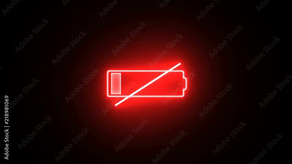 Abstract sign of the neon red battery being crossed as out of charge on ...