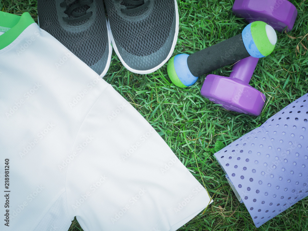 healthy lifestyle and outdoor concept from exercise object with shoe ...