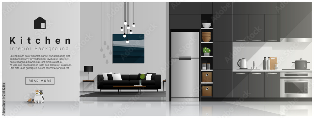 House interior scene with modern kitchen and living room , vector ...