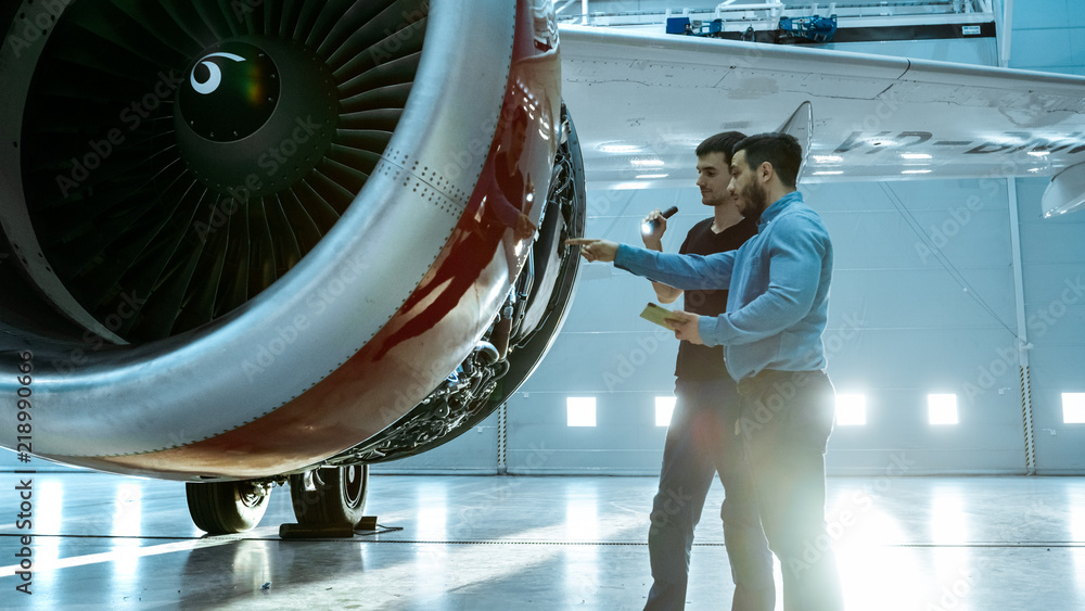 In a Hangar Aircraft Maintenance Engineer Shows Technical Data on ...