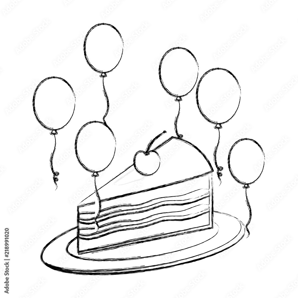 birthday piece cake with cherry and balloons decoration vector ...