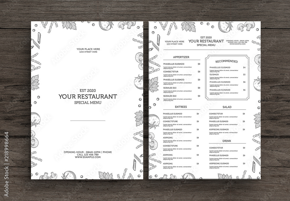 Restaurant Menu Layout with Food Illustrations Stock Template | Adobe Stock