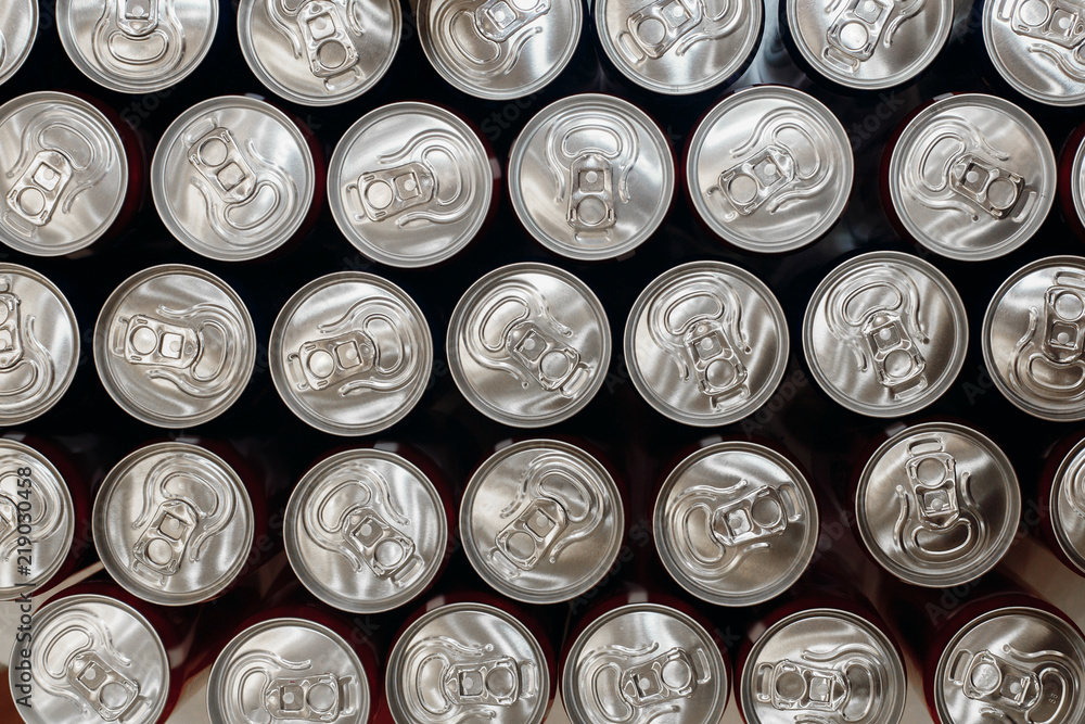 metallic cans top view. pattern can from beer or soda flat lay. steel ...