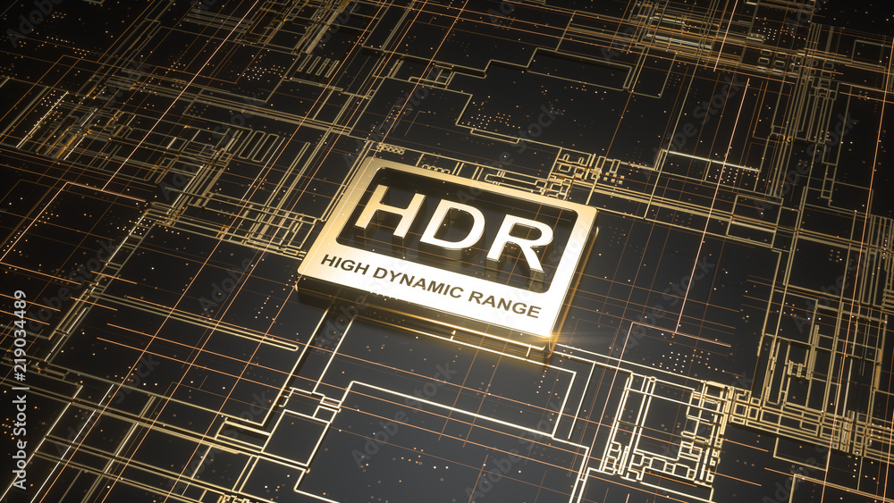 HDR high dynamic range symbol on abstract electronic circuit board ...