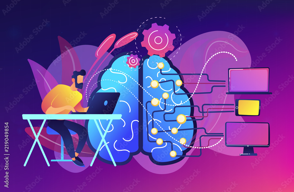 Brain with digital circuit and programmer with laptop. Machine learning ...