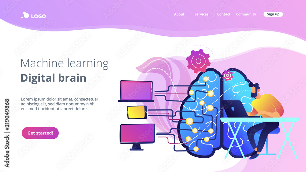 Brain with digital circuit and programmer with laptop. Machine learning ...
