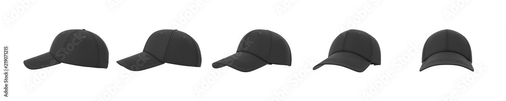 3d rendering of five black baseball caps shown in one line from side to ...