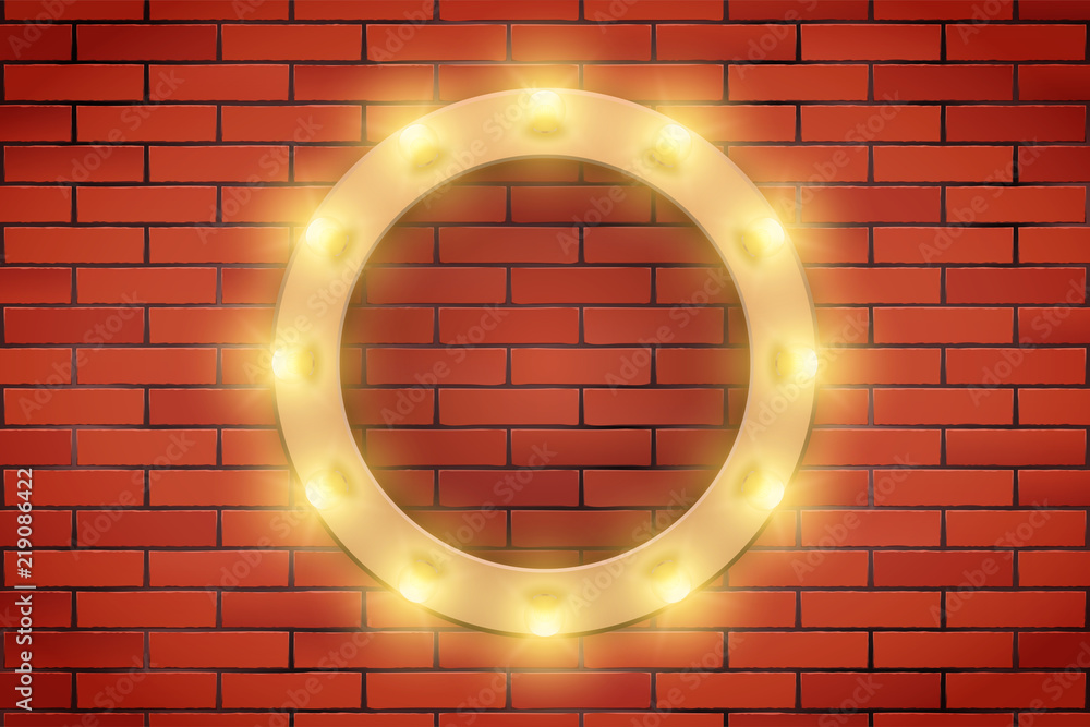Frame of Retro light bulb on brick wall. Circle frame and Volumetric ...