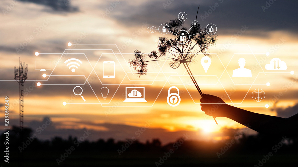 Silhouette hand and branch of plant symbolic with icon network ...