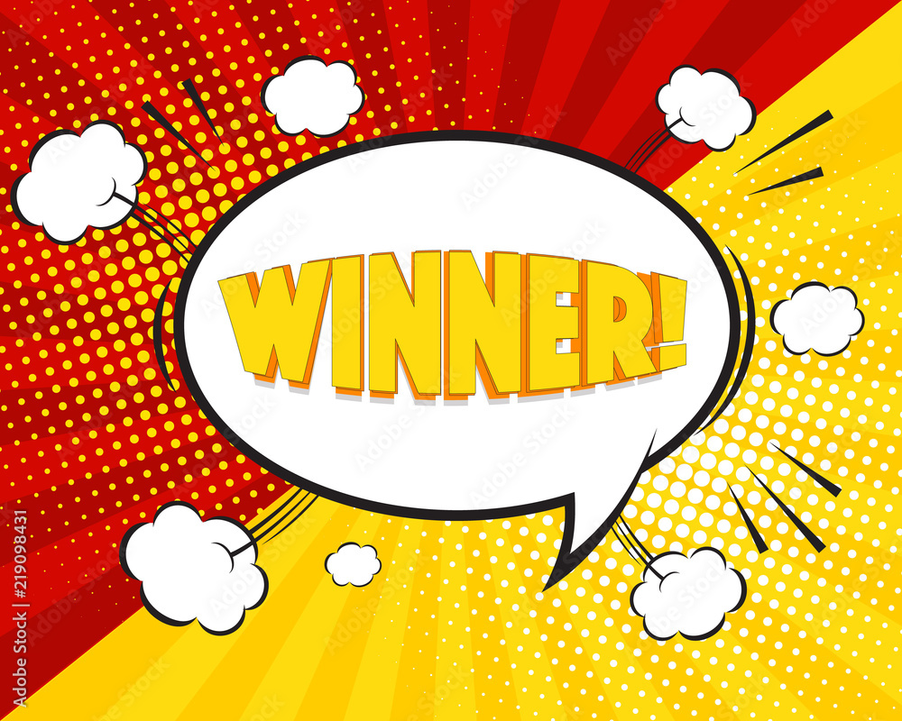 Winner comic word on comic starburst background, vector illustration ...