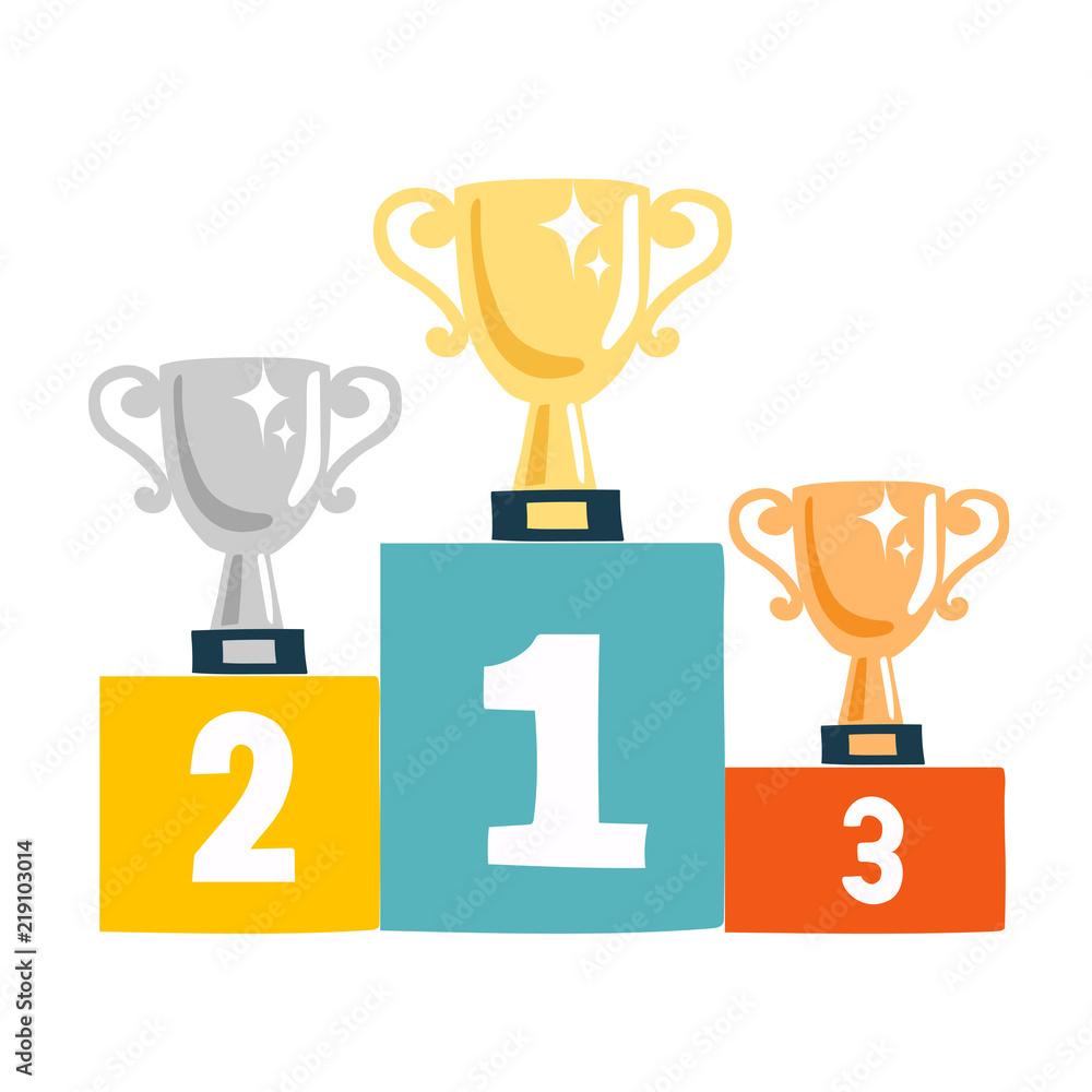 Winners podium with cups. Prizes for the Champions. Gold, silver and ...