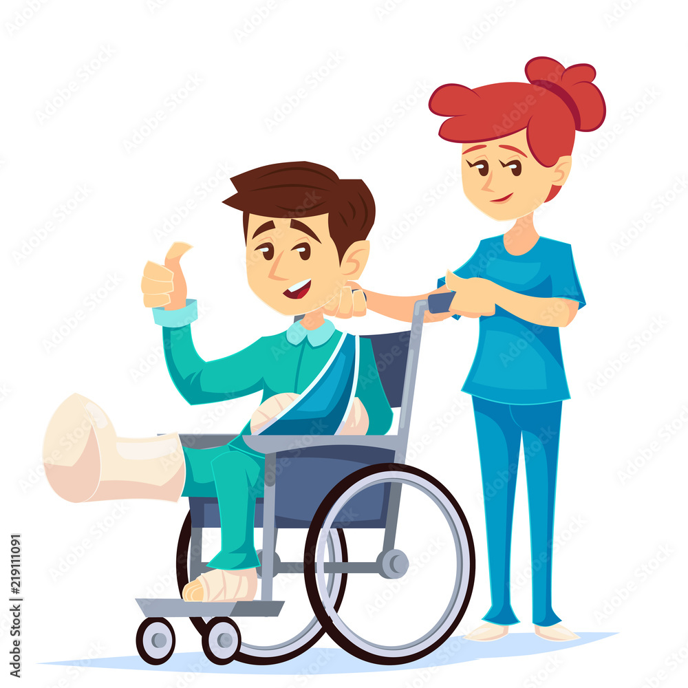 smiling man in a wheelchair with broken leg arm with a nurse hospital ...