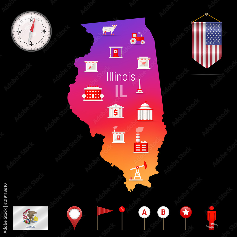 Illinois Vector Map, Night View. Compass Icon, Map Navigation Elements ...