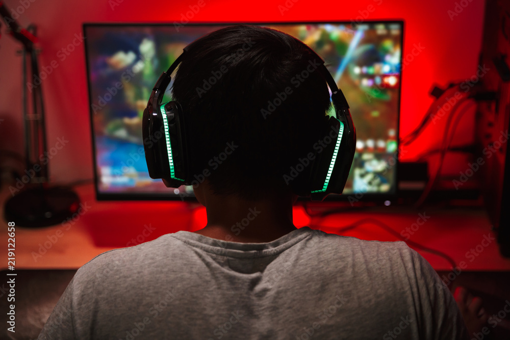 Portrait from back of teenage gamer boy looking at screen and playing ...