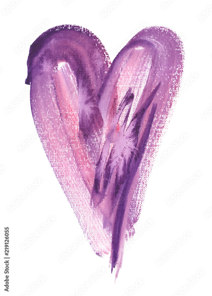 Big abstract elongated pink and purple heart painted in watercolor on ...
