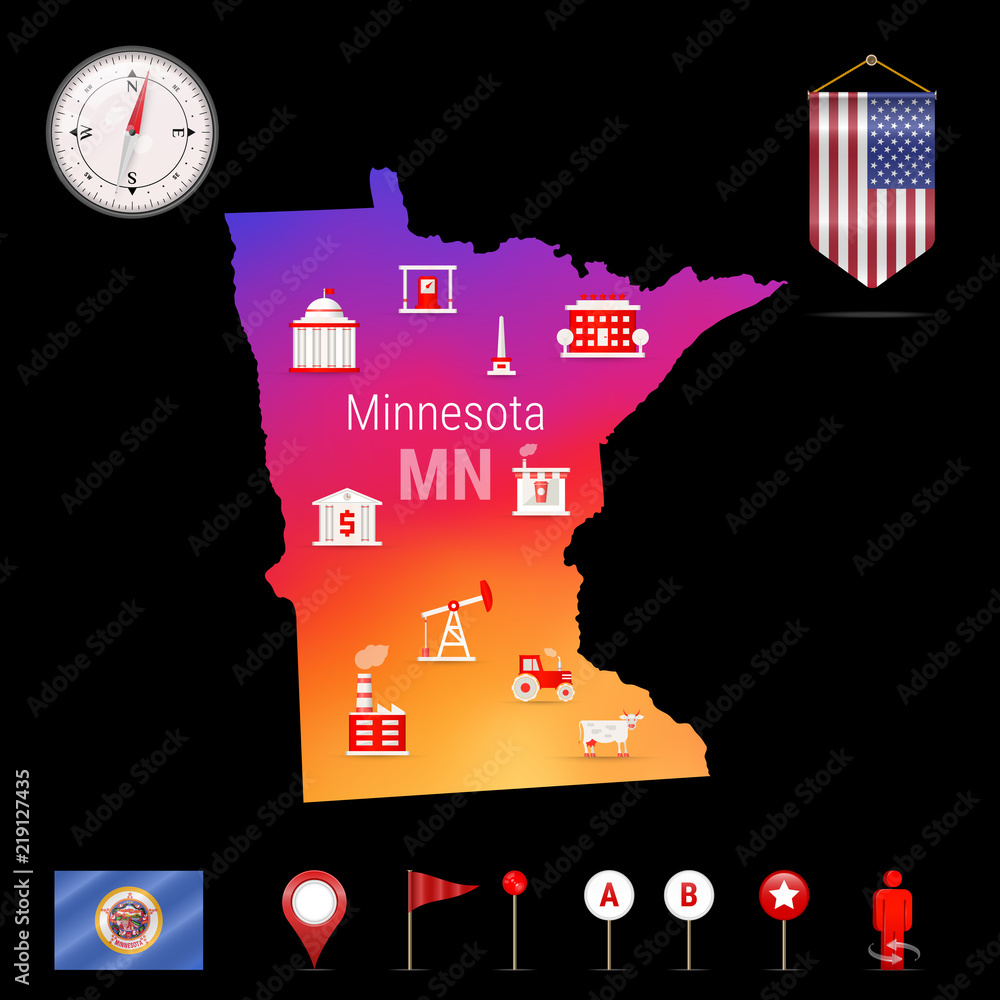 Minnesota Vector Map, Night View. Compass Icon, Map Navigation Elements ...