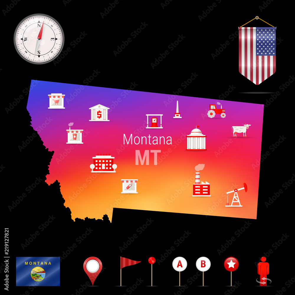 Montana Vector Map, Night View. Compass Icon, Map Navigation Elements ...
