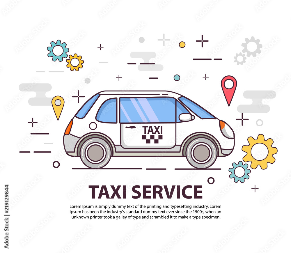 Taxi service cab.Design concept poster. Flat line art vector.Car side ...