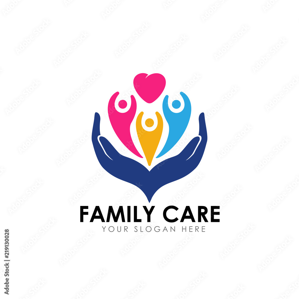 family care logo design template. child on the heart shape with hand ...