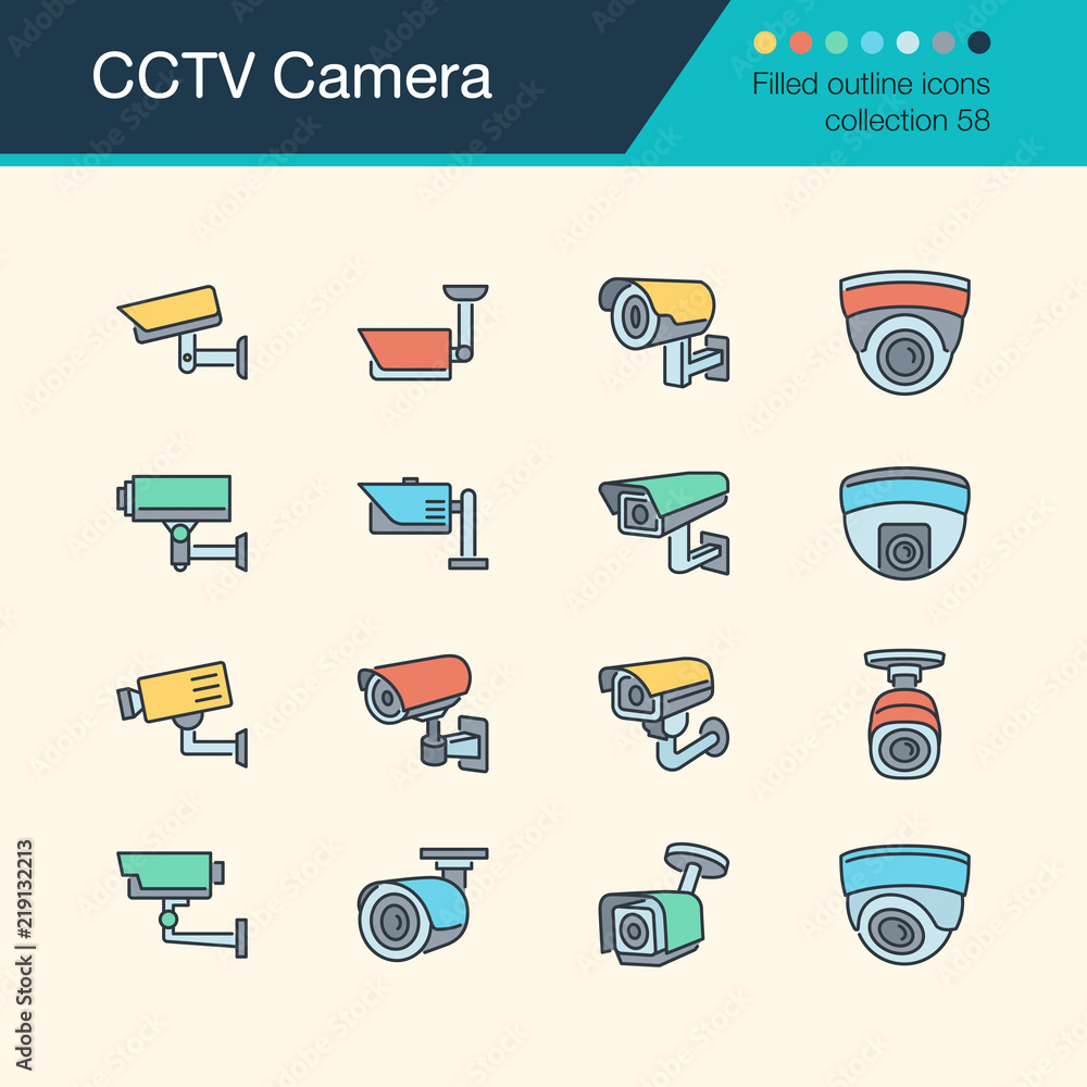 CCTV Camera icons. Filled outline design collection 58. For ...