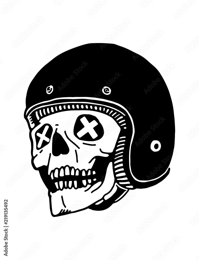 A black human skull illustration wearing a crash helmet on white ...