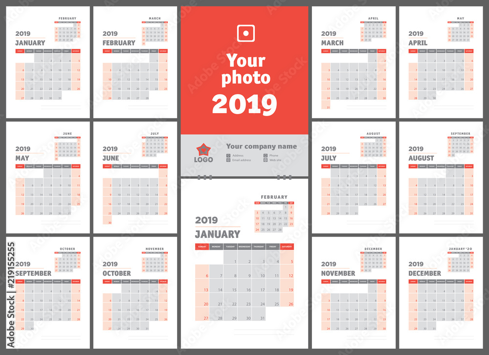 2019 calendar. English calender. Color vector template. Week starts on ...