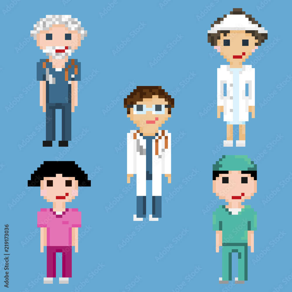 Pixel art characters of doctors and nurses Stock Vector | Adobe Stock