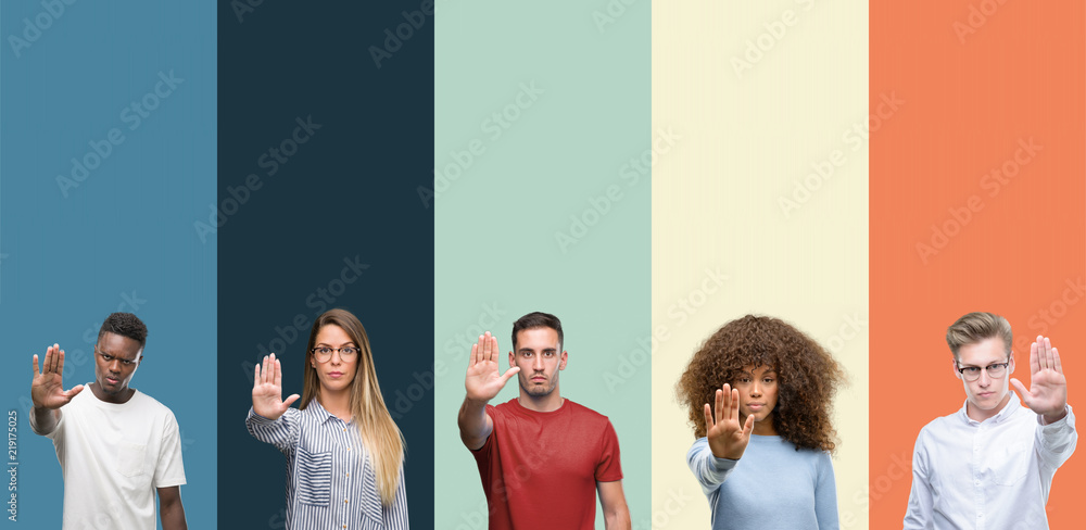 Group of people over vintage colors background doing stop sing with ...