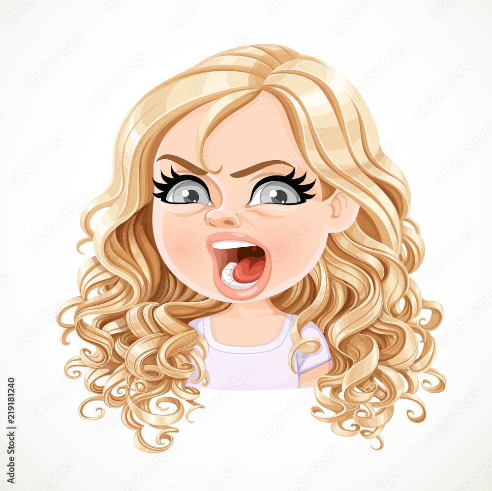 Beautiful angry aggressive cartoon blond girl with magnificent curly ...