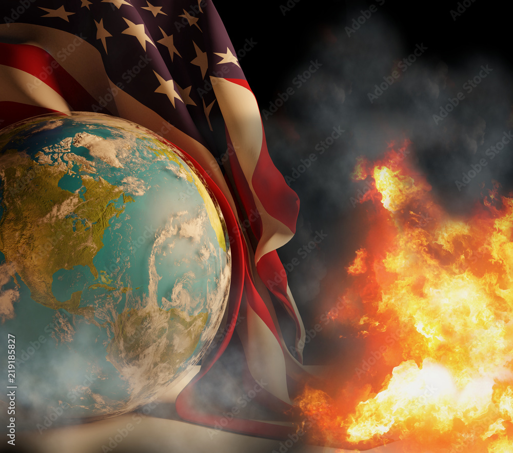 state of emergency with world globe and flag of the United states of ...