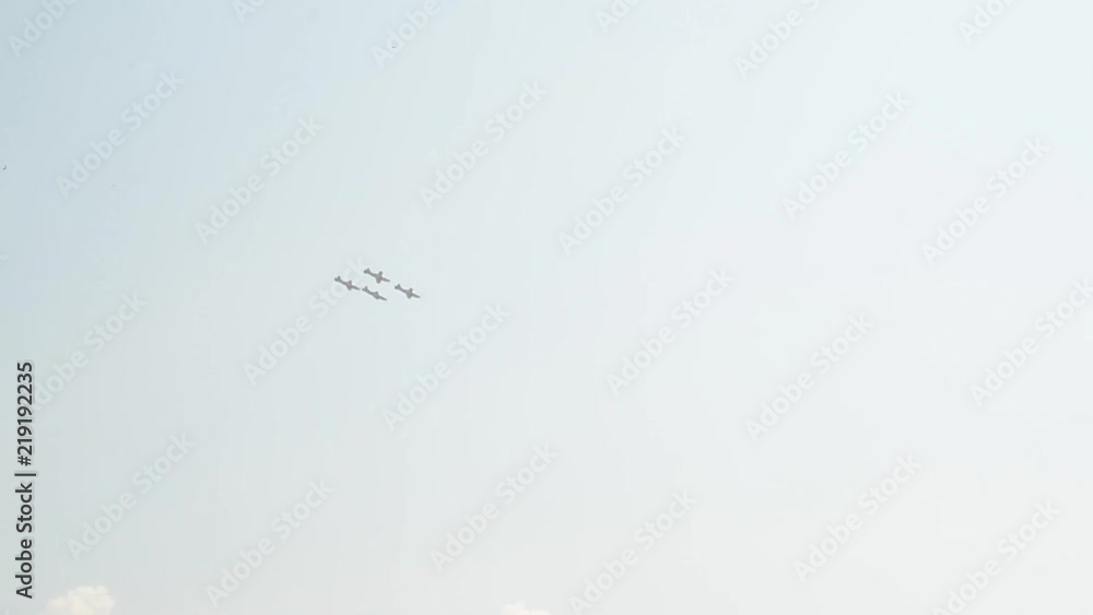 Pilatus PC-9 airplanes flying on airshow. Light propeller plane fly in ...