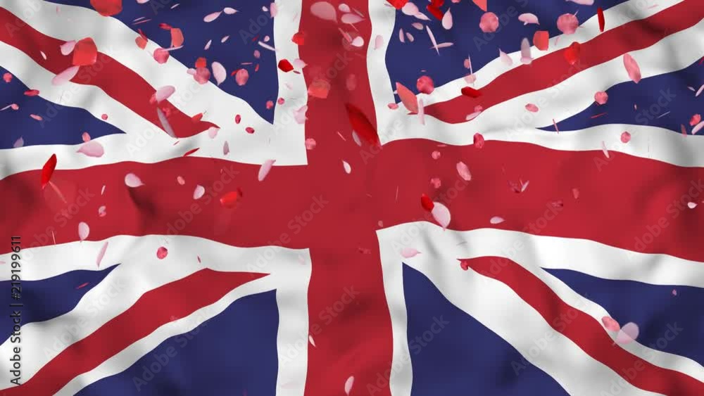 4k Realistic 3D detailed slow motion United Kingdom flag , Falling Rose ...