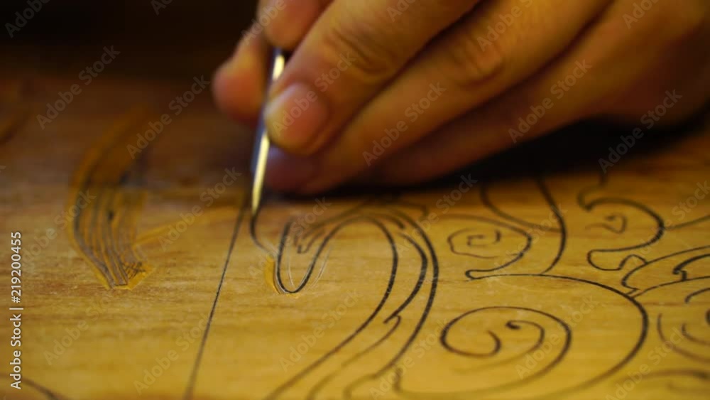 Chisel cutting traditional Chinese wood block art. Asian artisan ...