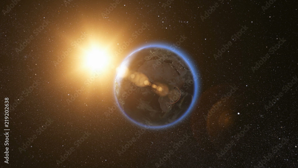 Space view on Planet Earth and Sun Star rotating on its axis in black ...