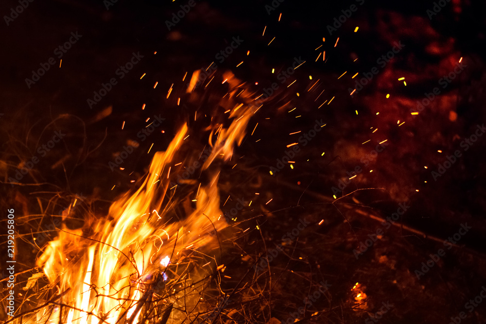Night Bonfire With Sparks Motion Blur Fire Background With Copyspace